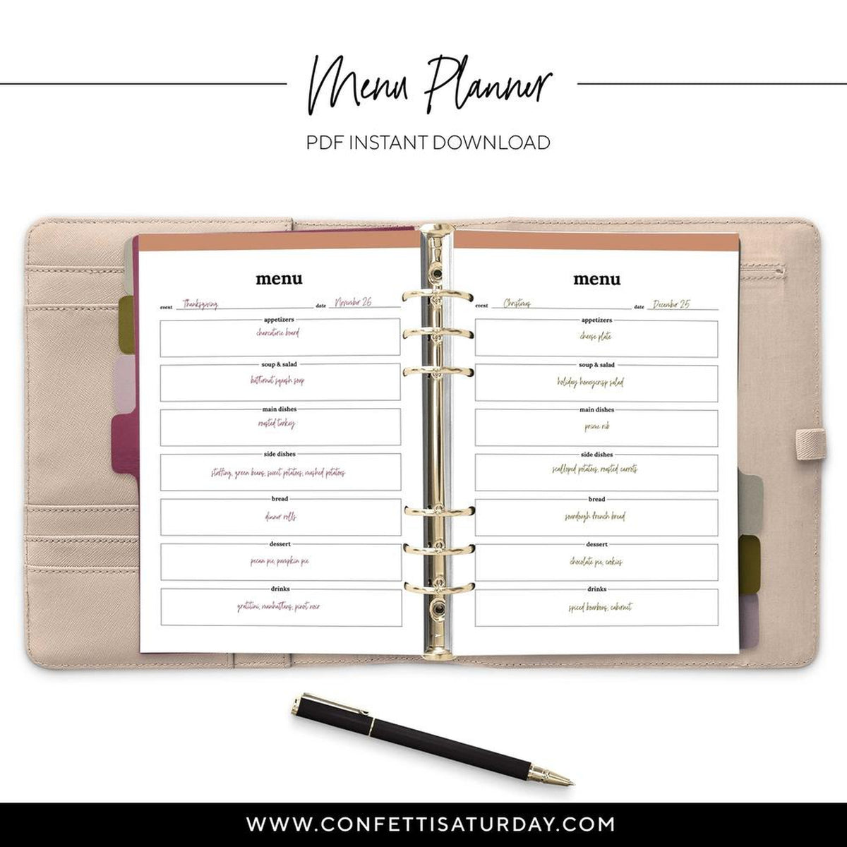 Menu Printable Planner Inserts